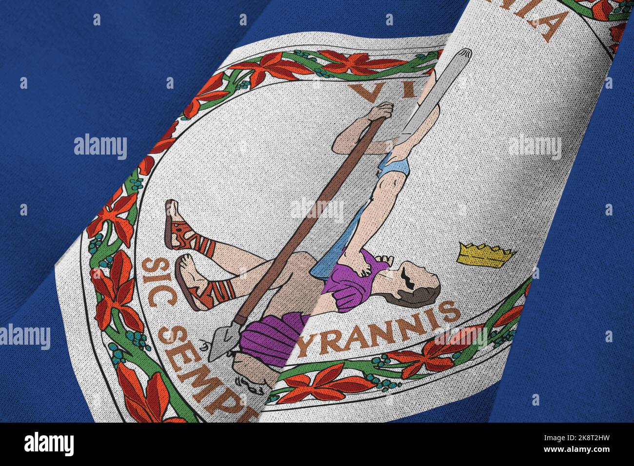 Virginia US state flag with big folds waving close up under the studio ...