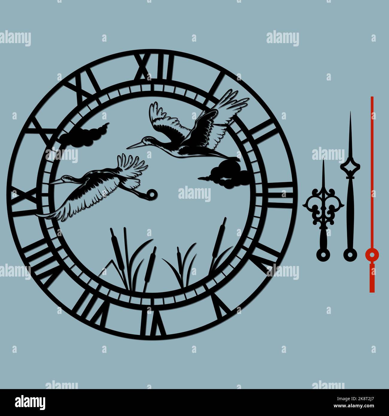 Beautiful clock with birds carved by laser. Stork in flight. Vector ...