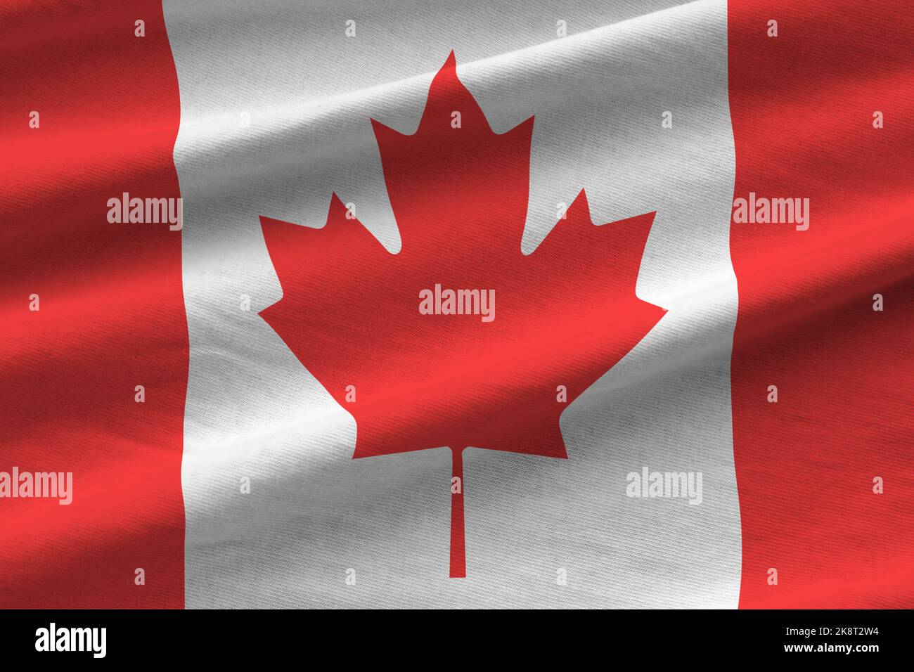 Canada flag with big folds waving close up under the studio light ...