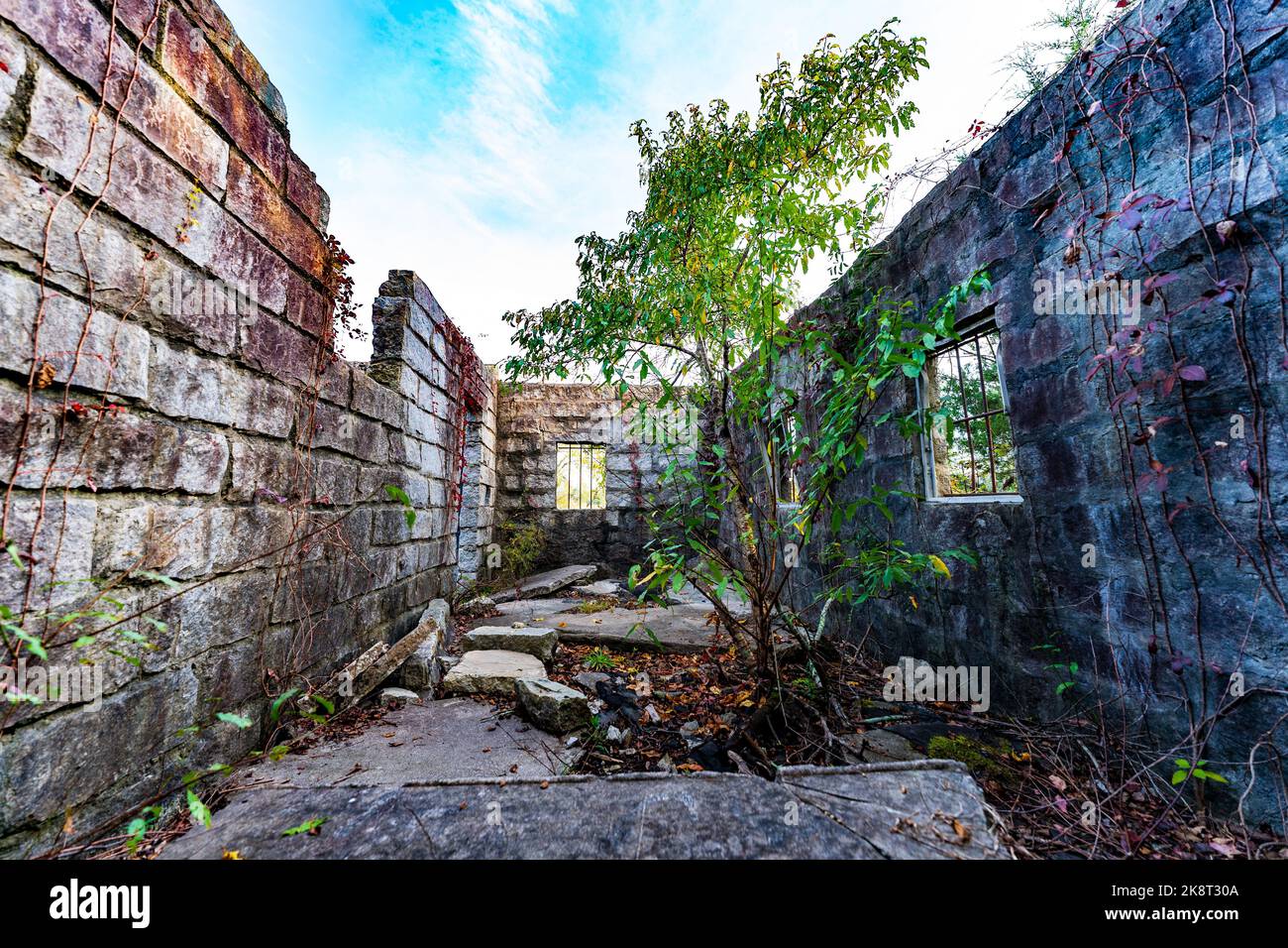 A scenery from abandoned ruins with an open ceiling Stock Photo - Alamy