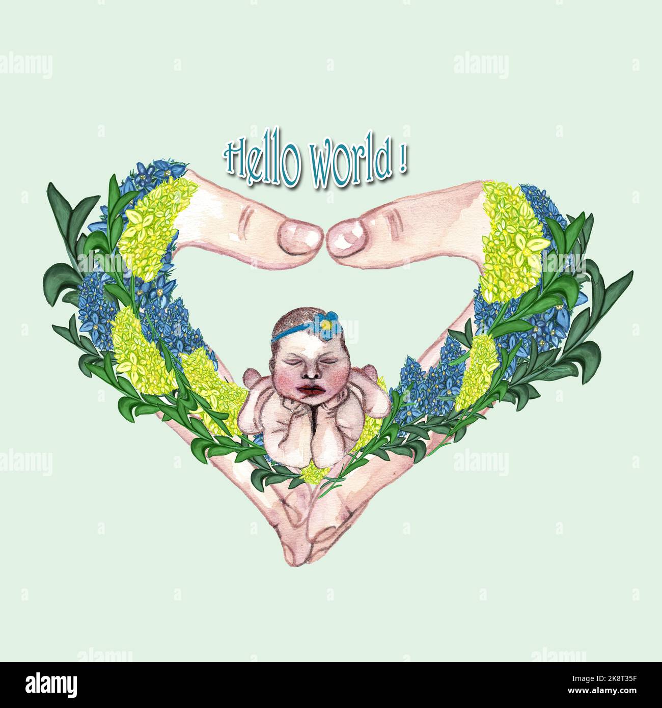 Watercolor illustration of cute baby girl, newborn sleeping in the ...
