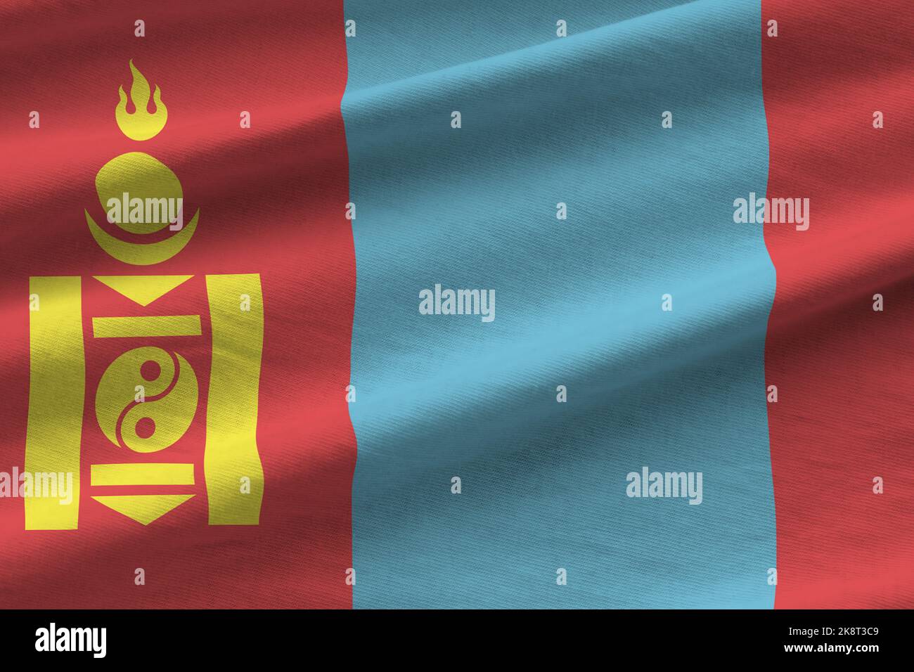 Mongolia flag with big folds waving close up under the studio light ...