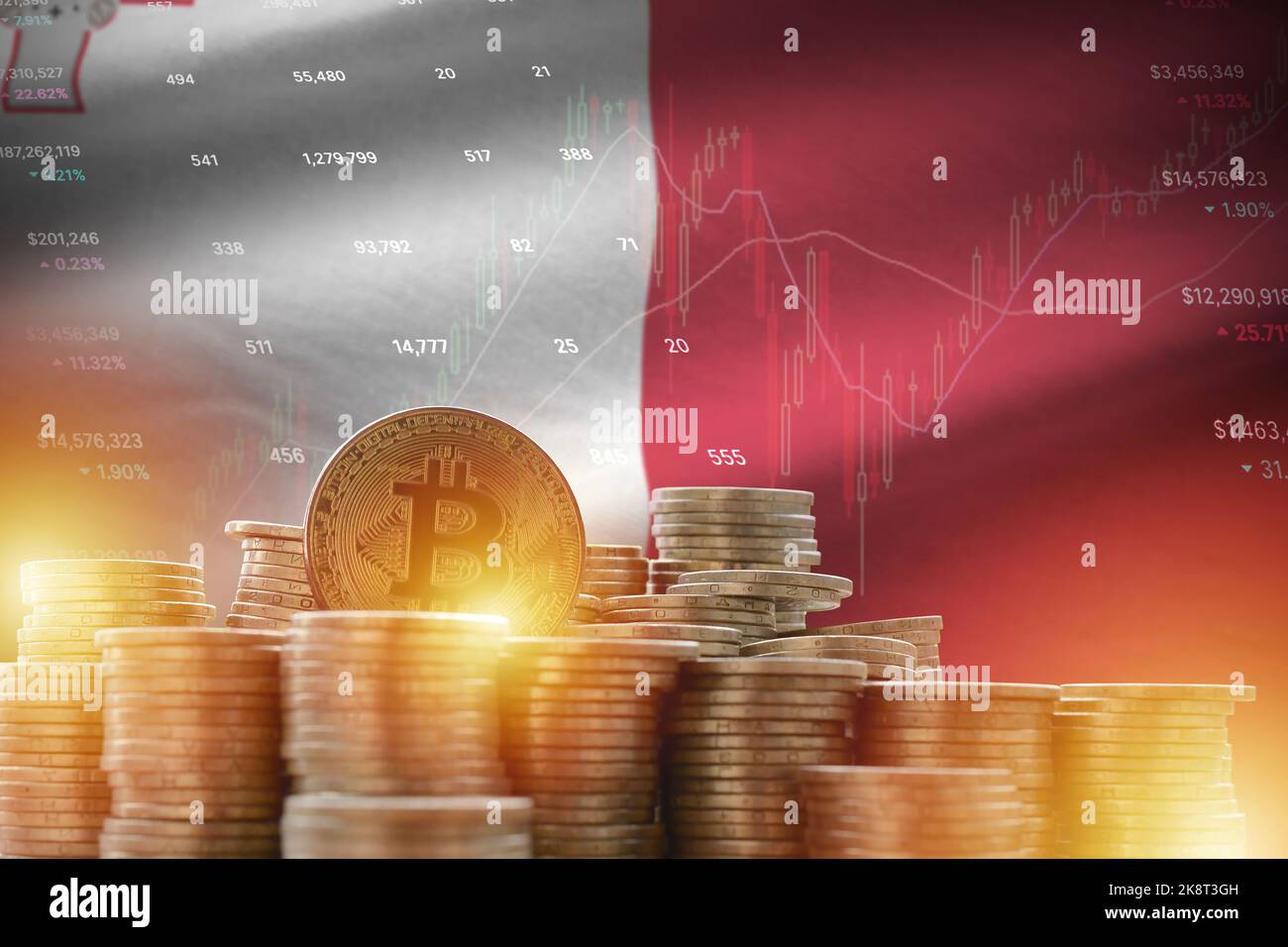 Malta flag and big amount of golden bitcoin coins and trading platform ...