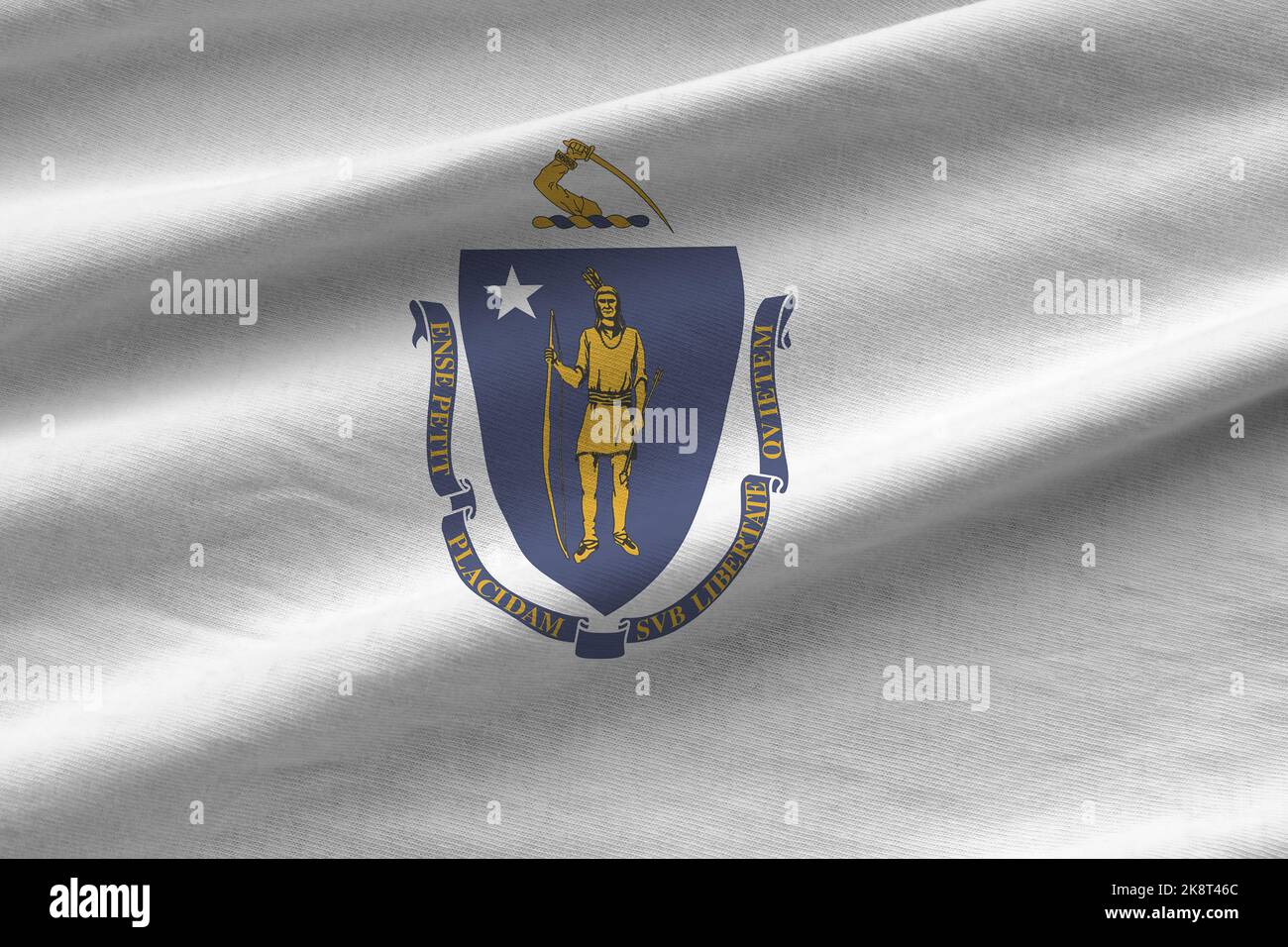 Massachusetts US state flag with big folds waving close up under the ...