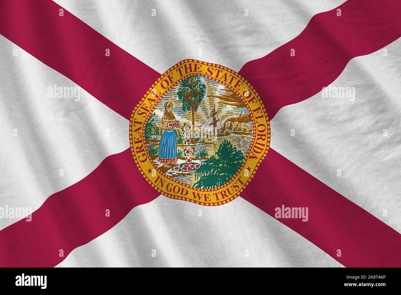 Florida US state flag with big folds waving close up under the studio ...