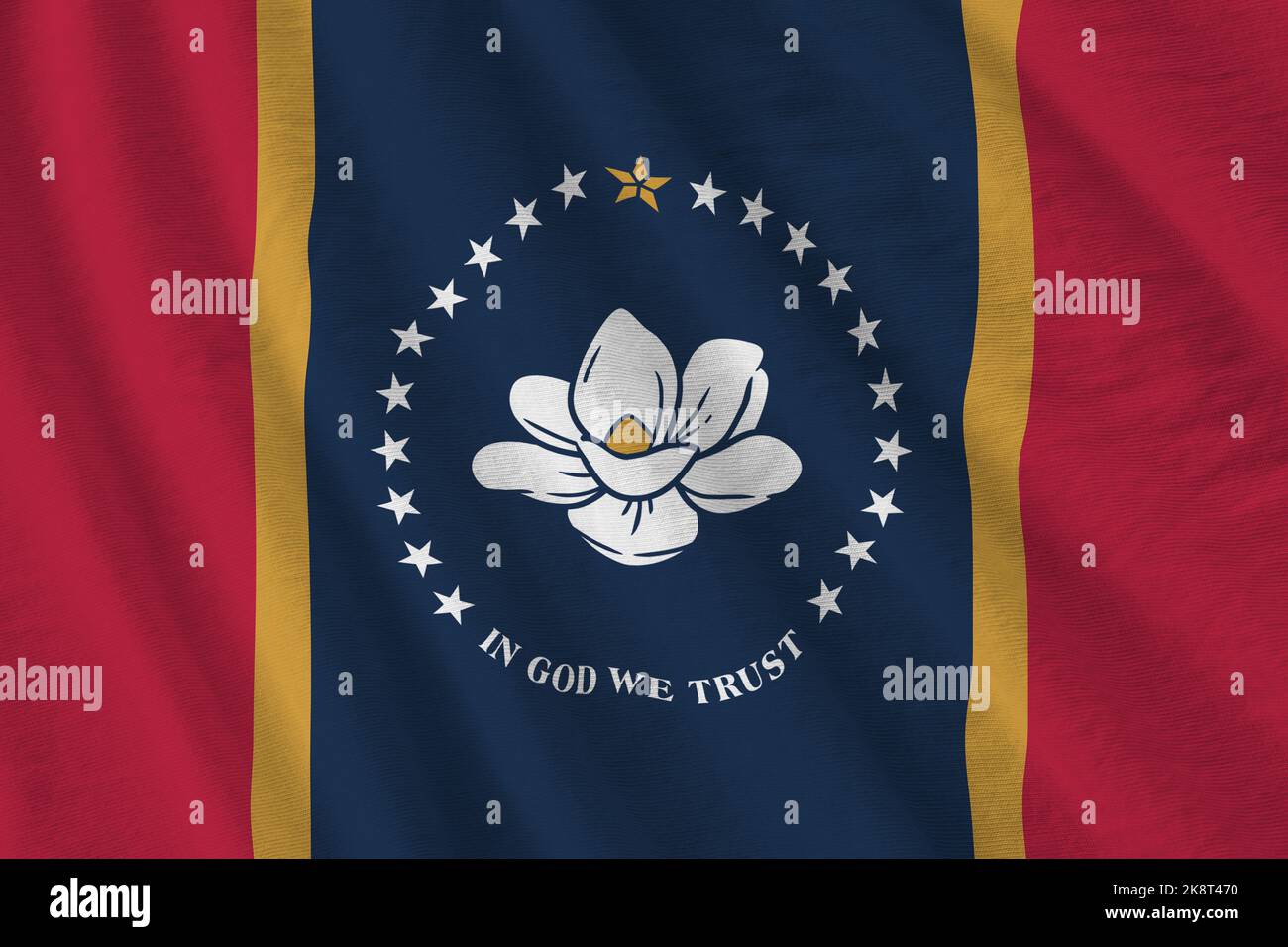 Mississippi new US state flag with big folds waving close up under the ...