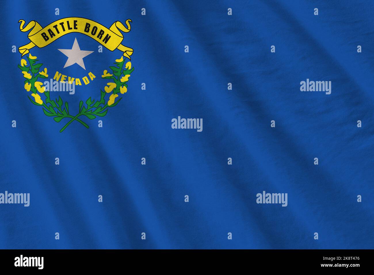 Nevada US state flag with big folds waving close up under the studio ...