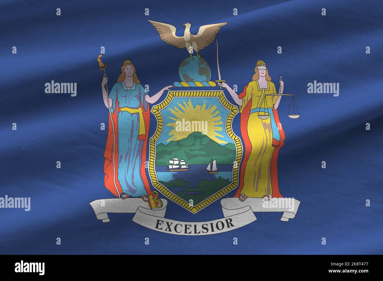 New York US state flag with big folds waving close up under the studio ...