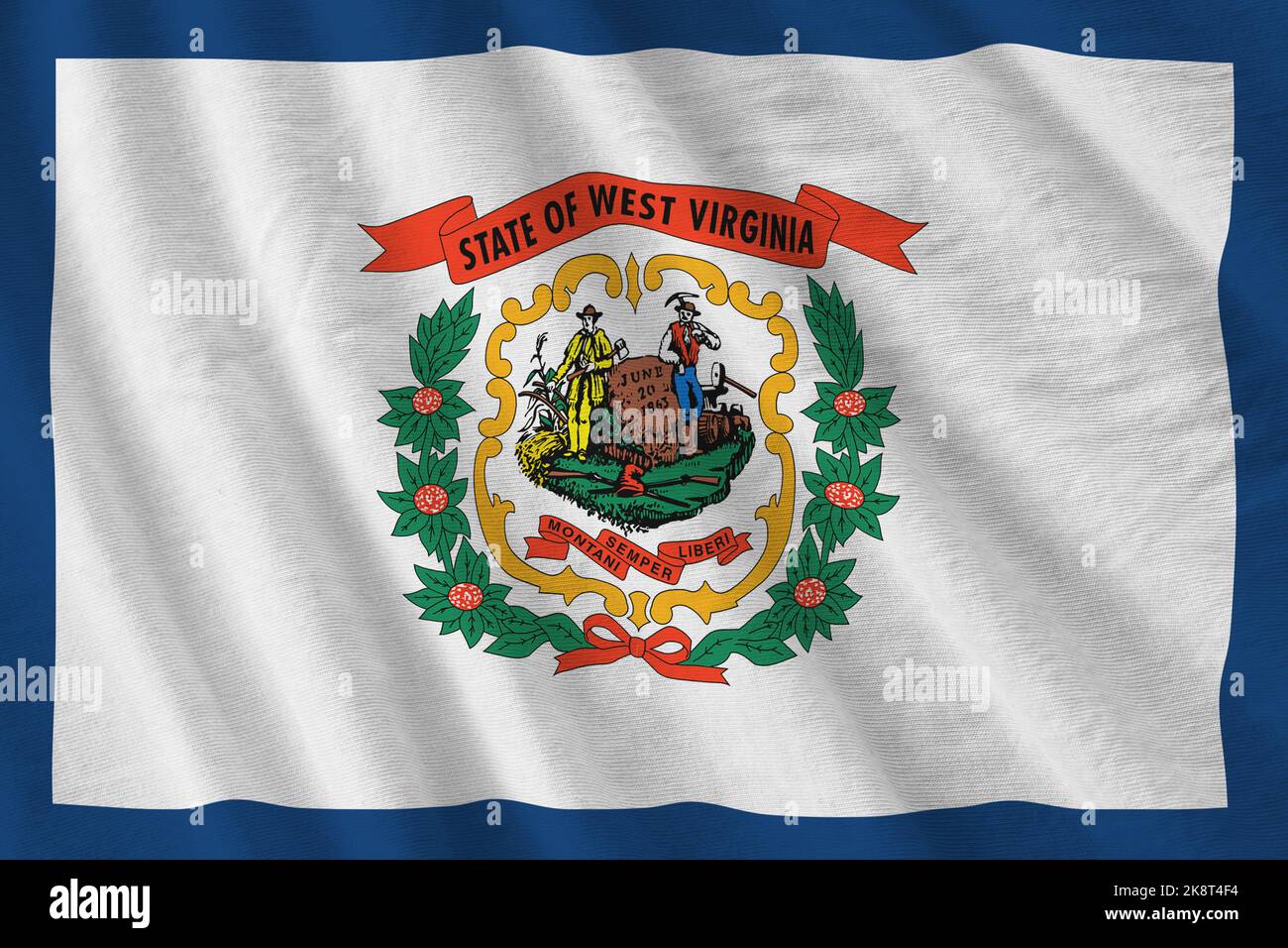 West Virginia US state flag with big folds waving close up under the ...