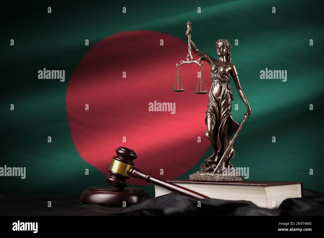 Bangladesh flag with statue of lady justice, constitution and judge ...