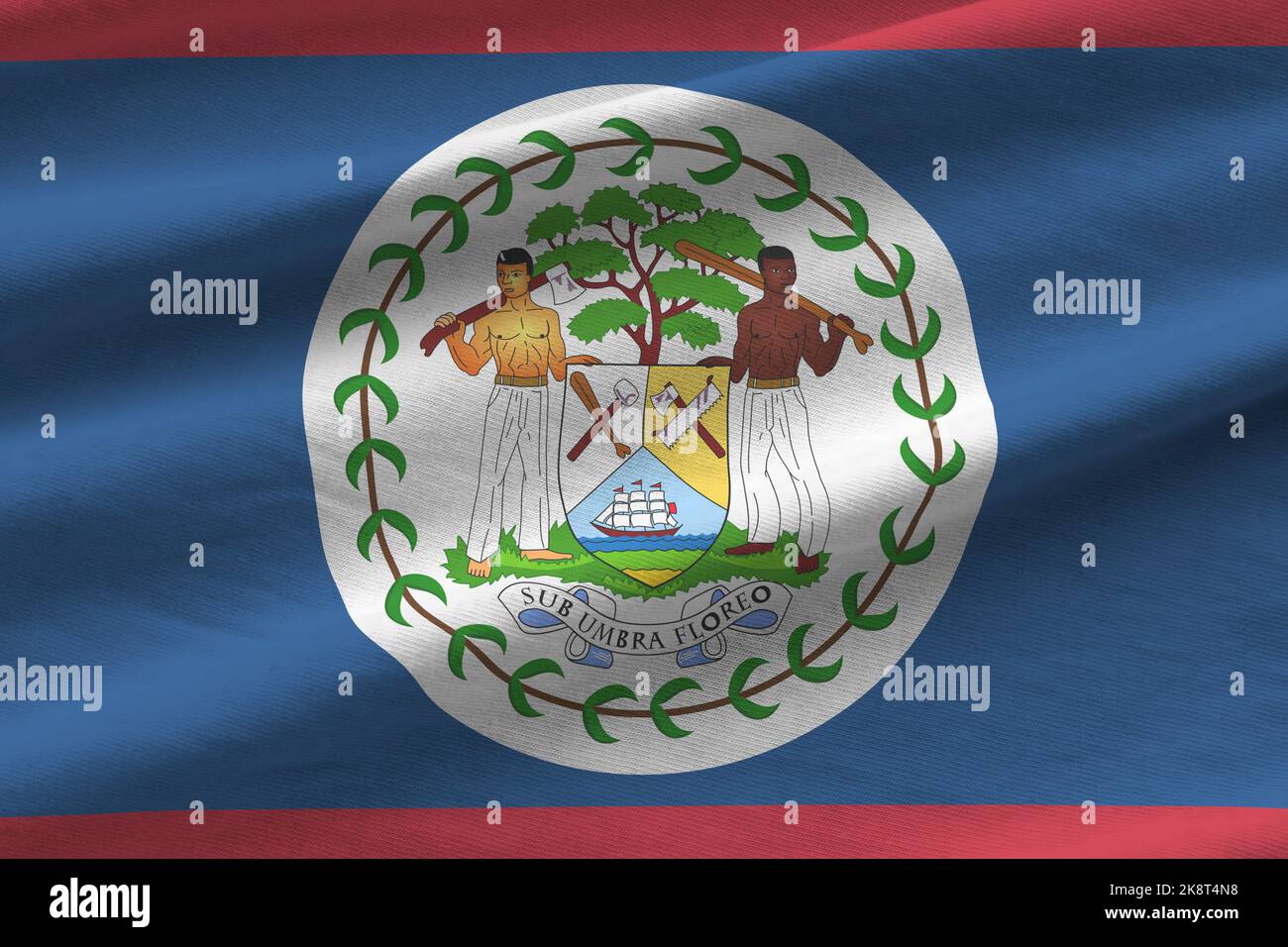 Belize flag with big folds waving close up under the studio light ...