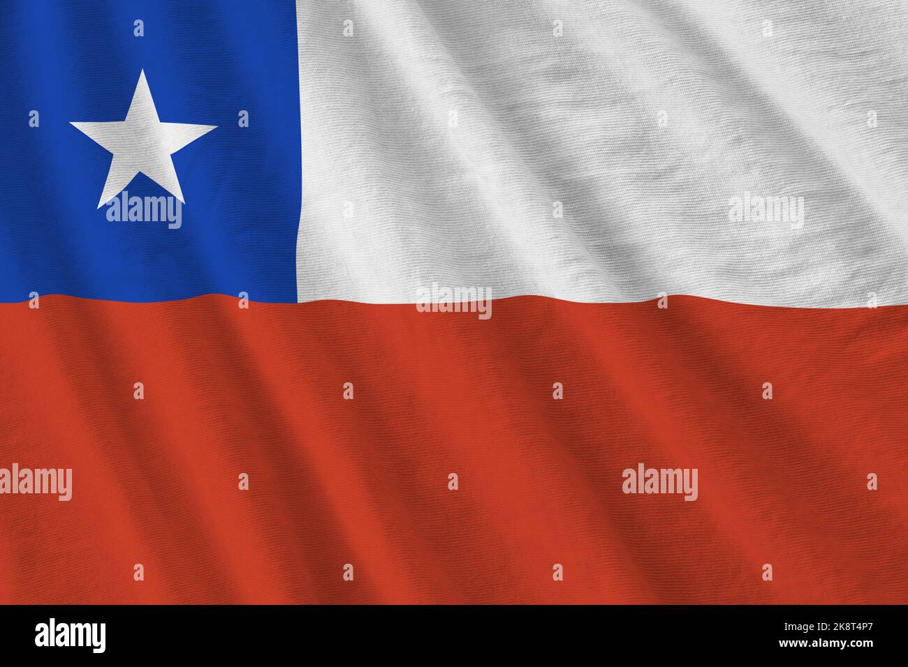Chile flag with big folds waving close up under the studio light ...
