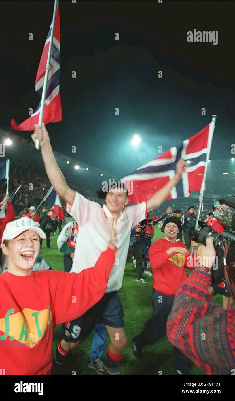 Oslo. Ullevål Stadium. Norway Switzerland 5 - 0. Jostein Flo rejoices ...