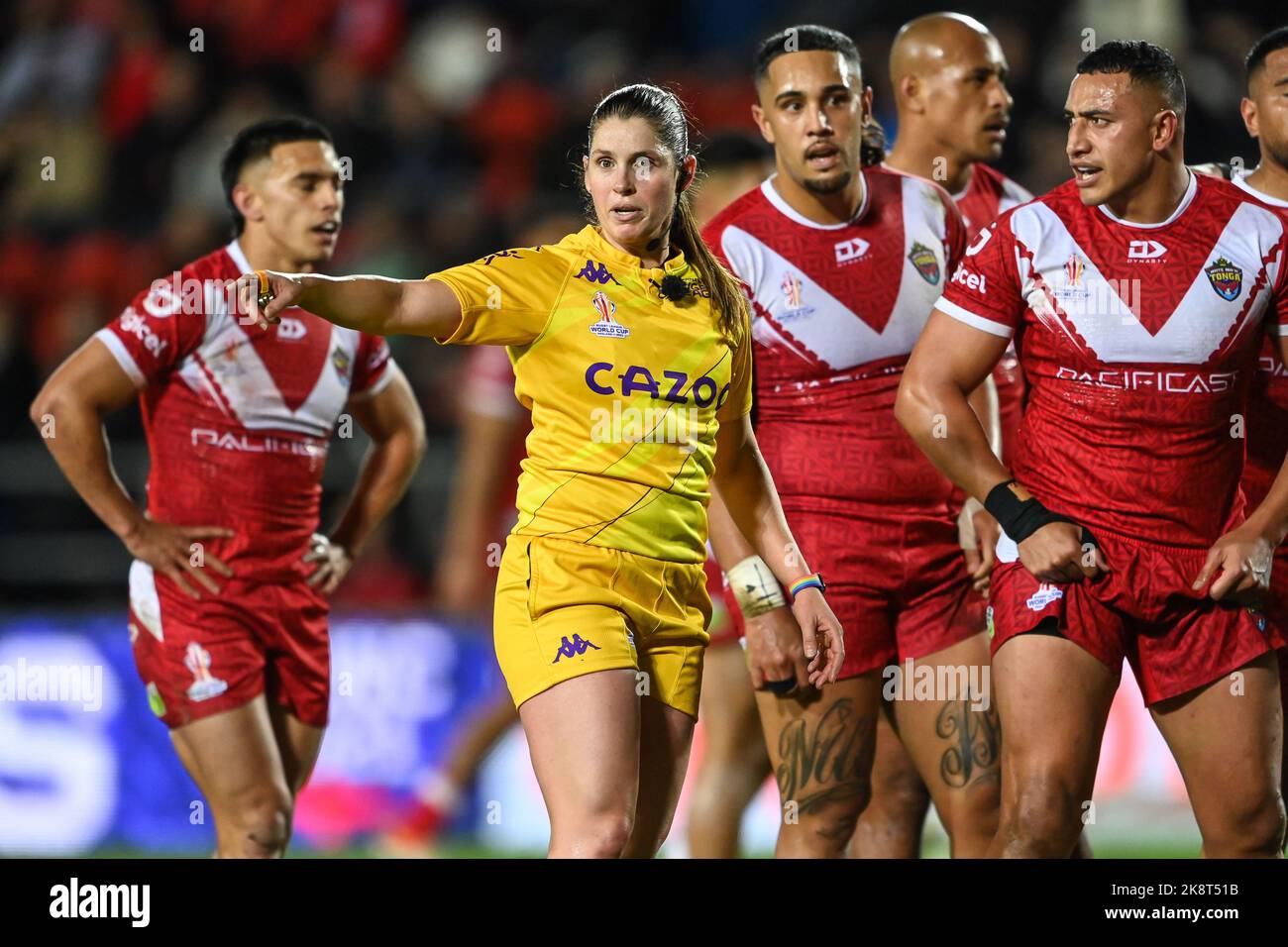 referee Kasey Badger calls a scrum during the Rugby League World Cup ...