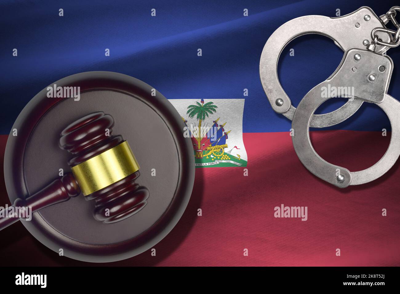 Haiti flag with judge mallet and handcuffs in dark room. Concept of ...