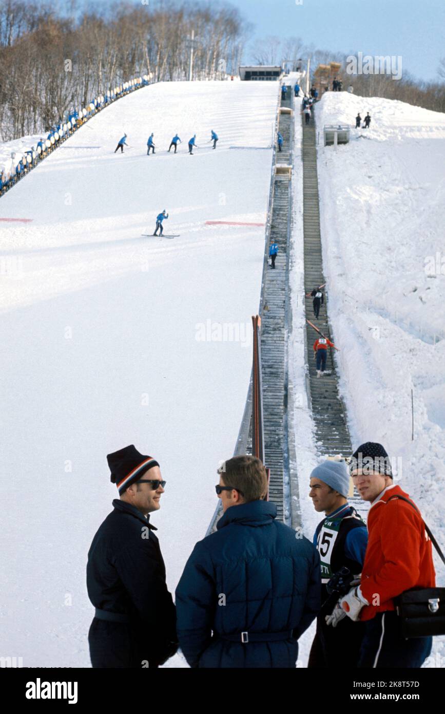 Sapporo, Japan 1972. Ski jumpers Ingolf Mork (t.h.) at the bottom of ...