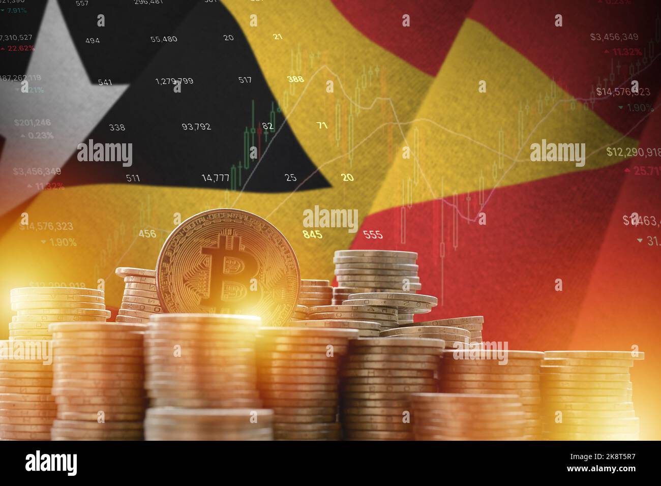 Timor Leste flag and big amount of golden bitcoin coins and trading ...
