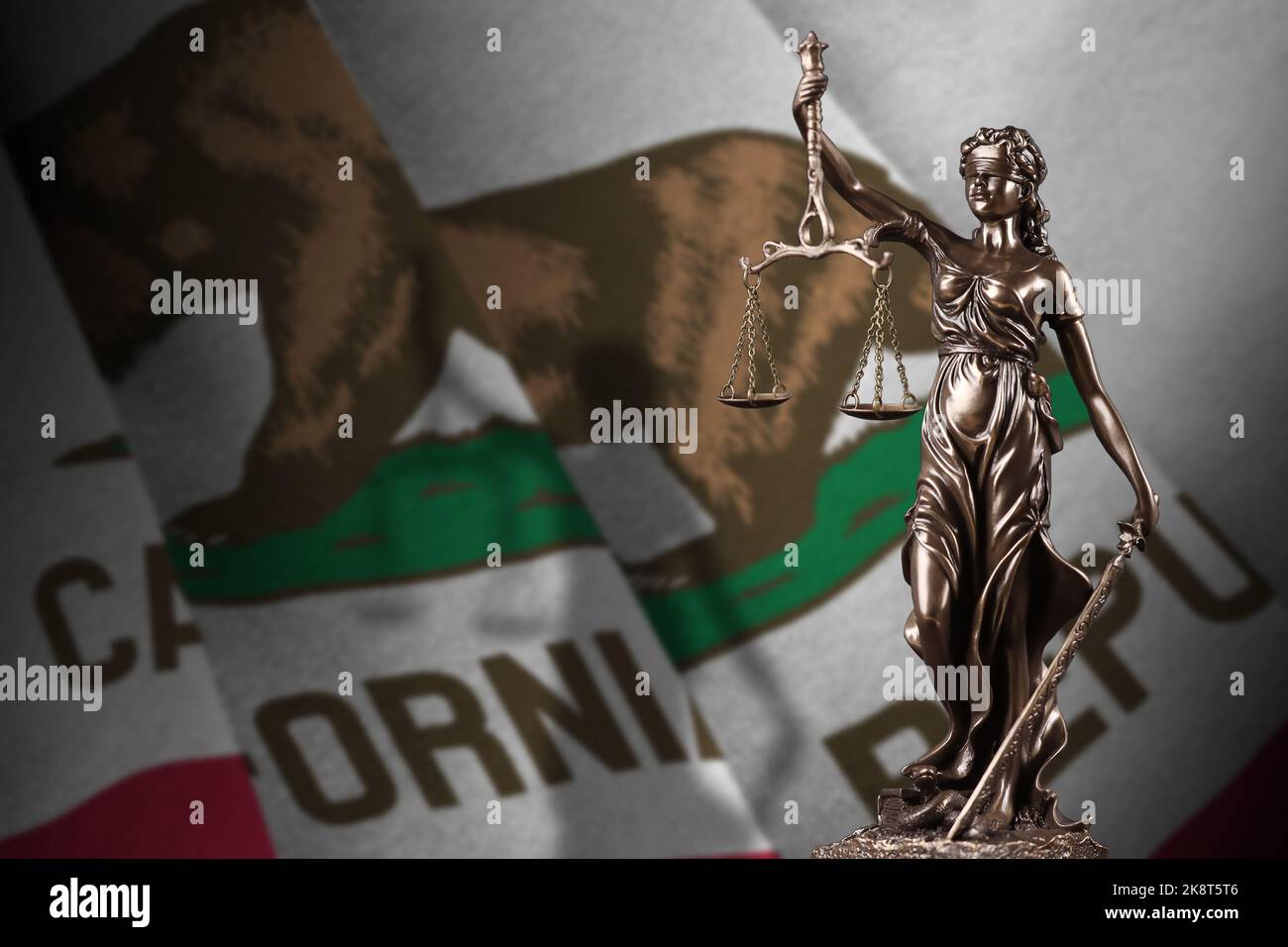 California US state flag with statue of lady justice and judicial ...