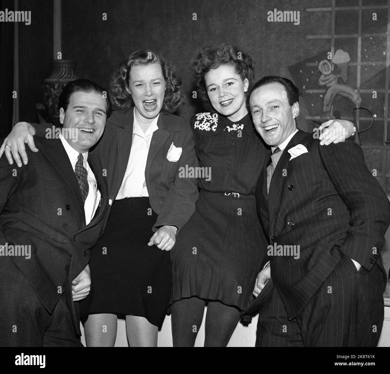 Oslo 19480126 Four young actors in cheerful togetherness. From V: Jon ...