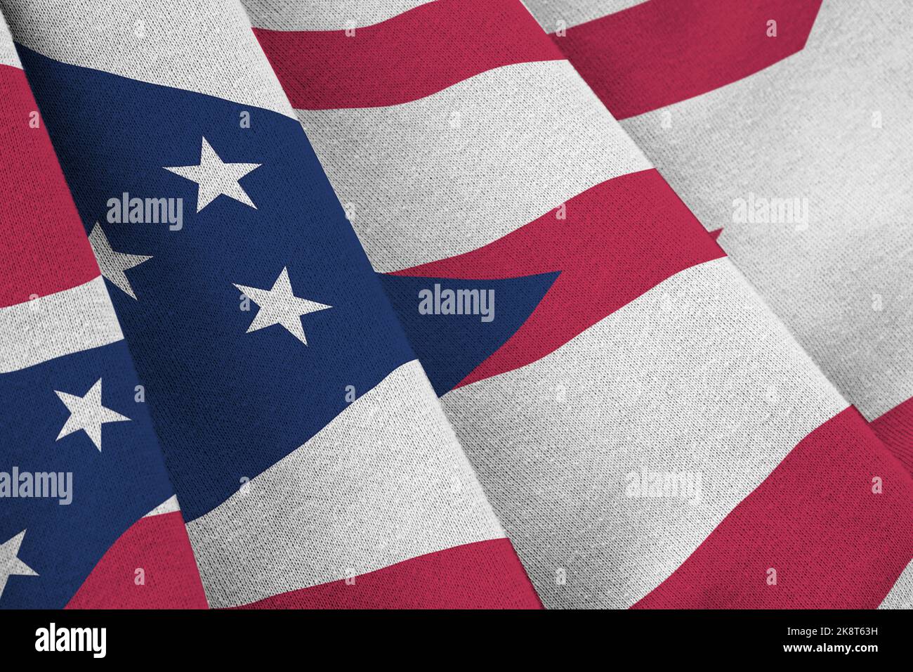 Ohio US state flag with big folds waving close up under the studio ...