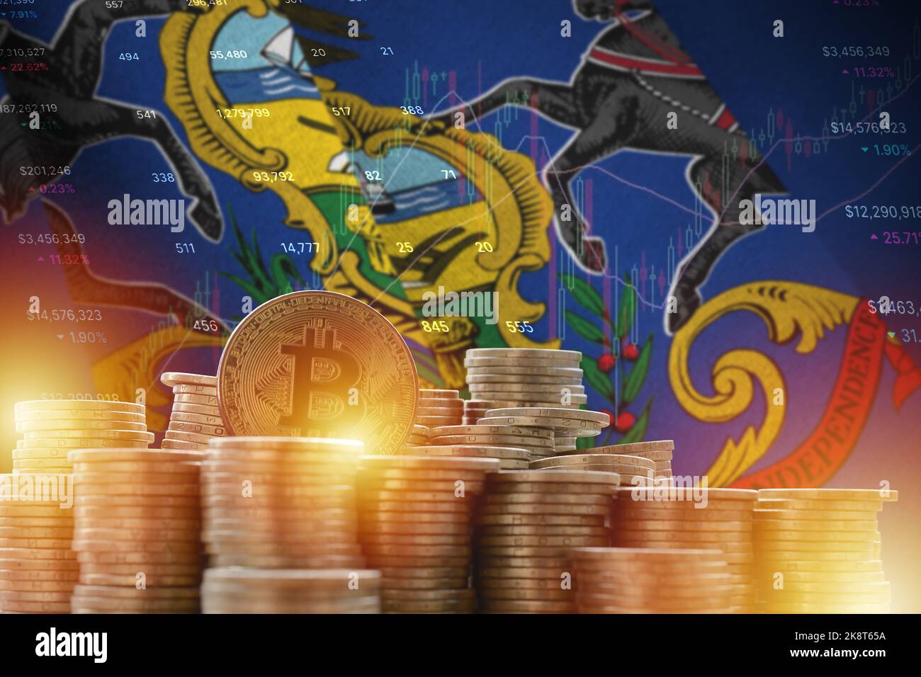 Pennsylvania US state flag and big amount of golden bitcoin coins and ...