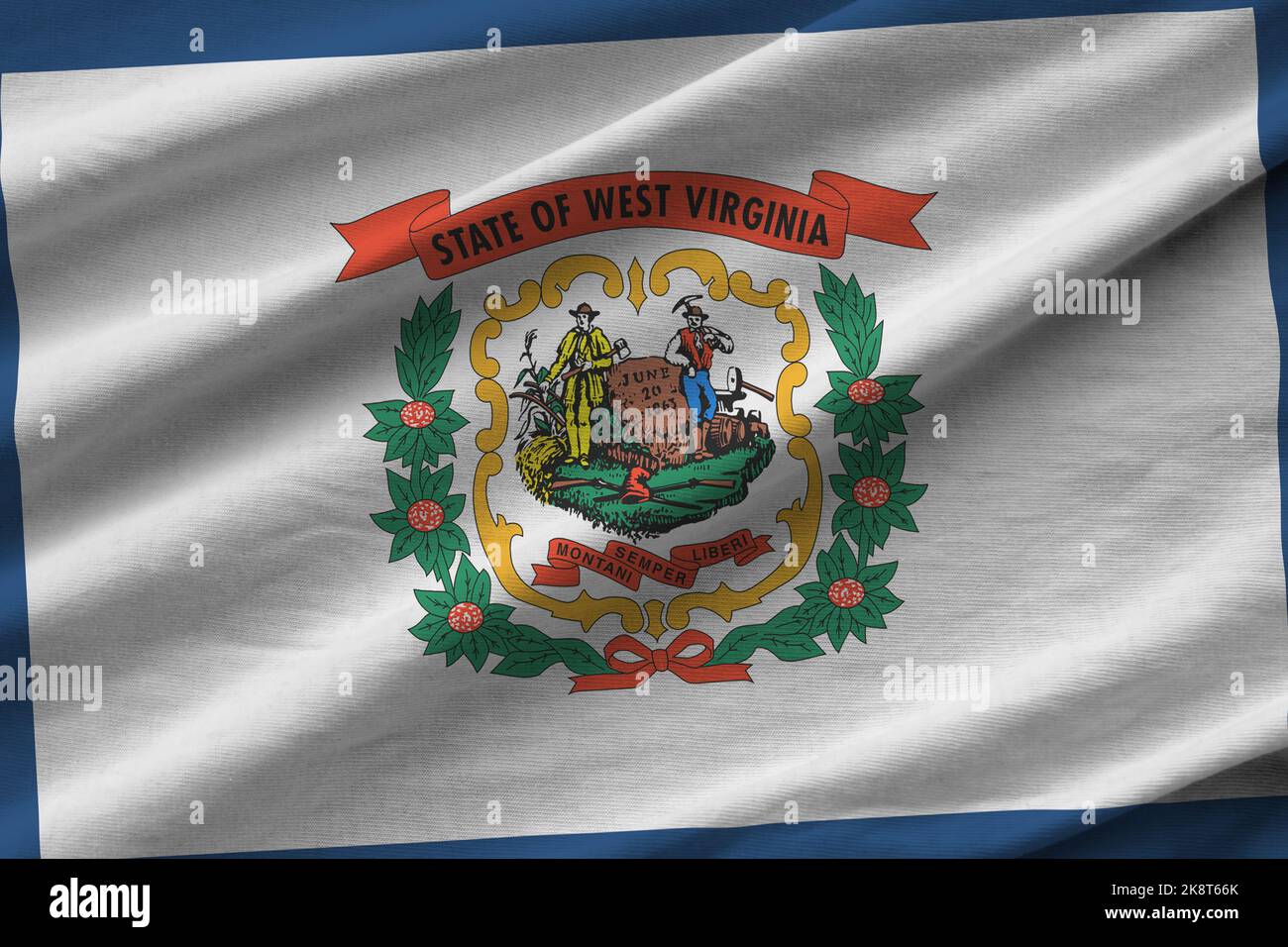 West Virginia US state flag with big folds waving close up under the ...