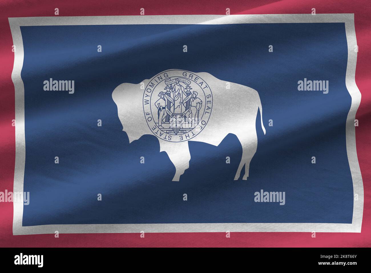Wyoming US state flag with big folds waving close up under the studio ...