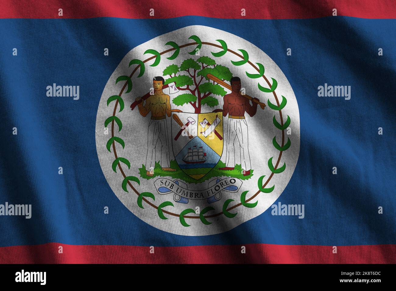 Belize flag with big folds waving close up under the studio light ...