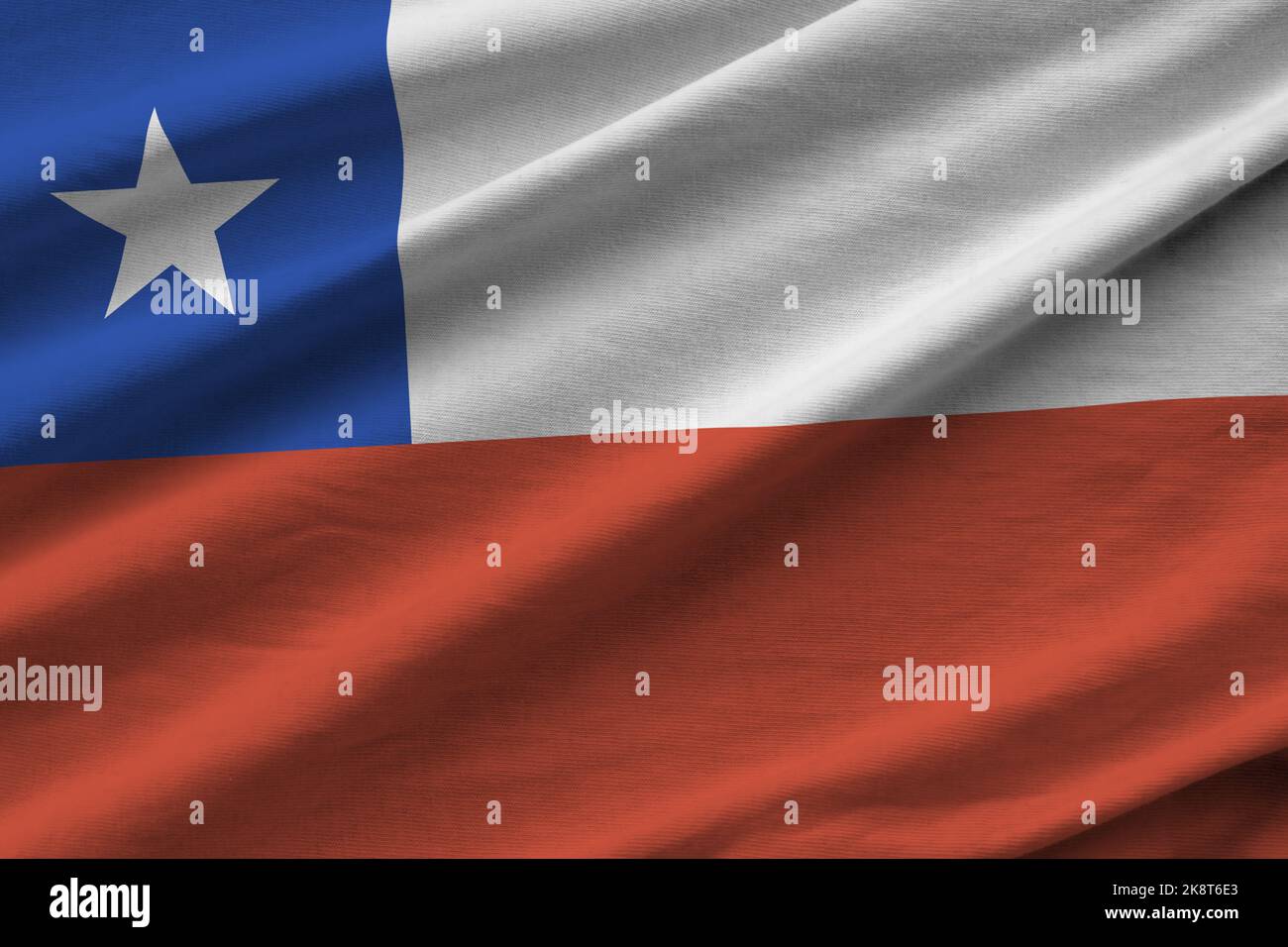 Chile flag with big folds waving close up under the studio light ...