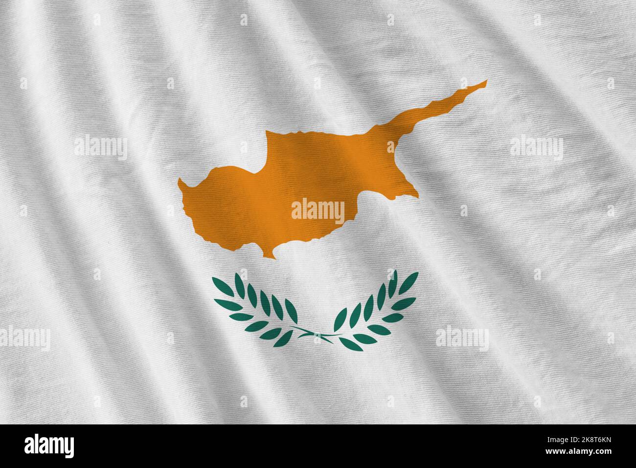 Cyprus flag with big folds waving close up under the studio light ...
