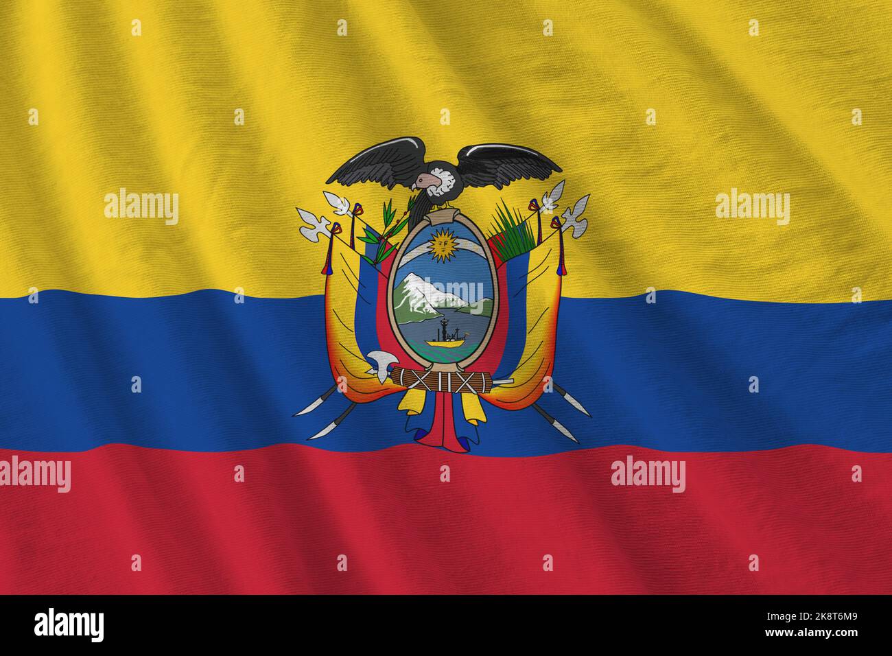 Ecuador flag with big folds waving close up under the studio light ...