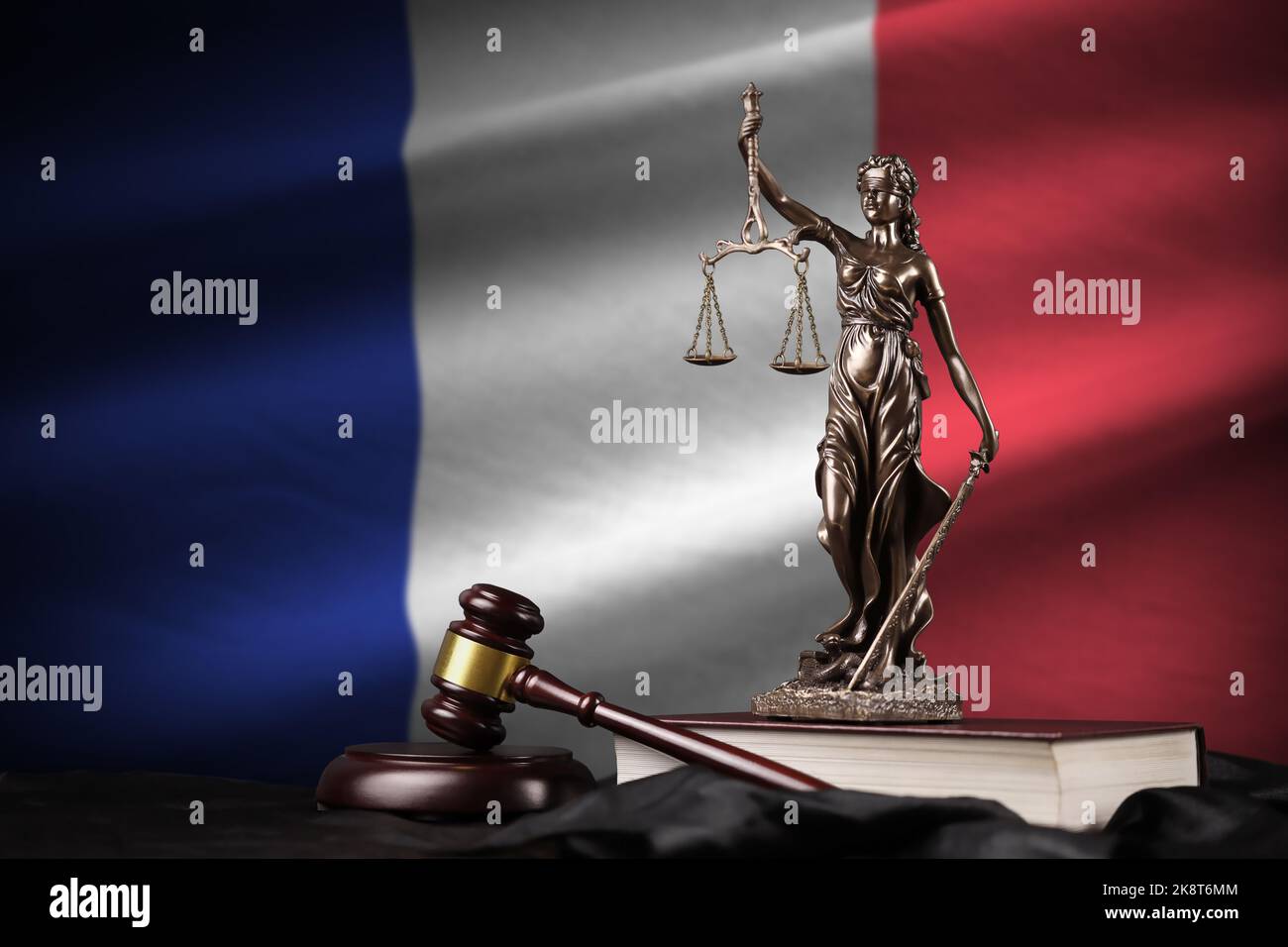 France flag with statue of lady justice, constitution and judge hammer ...