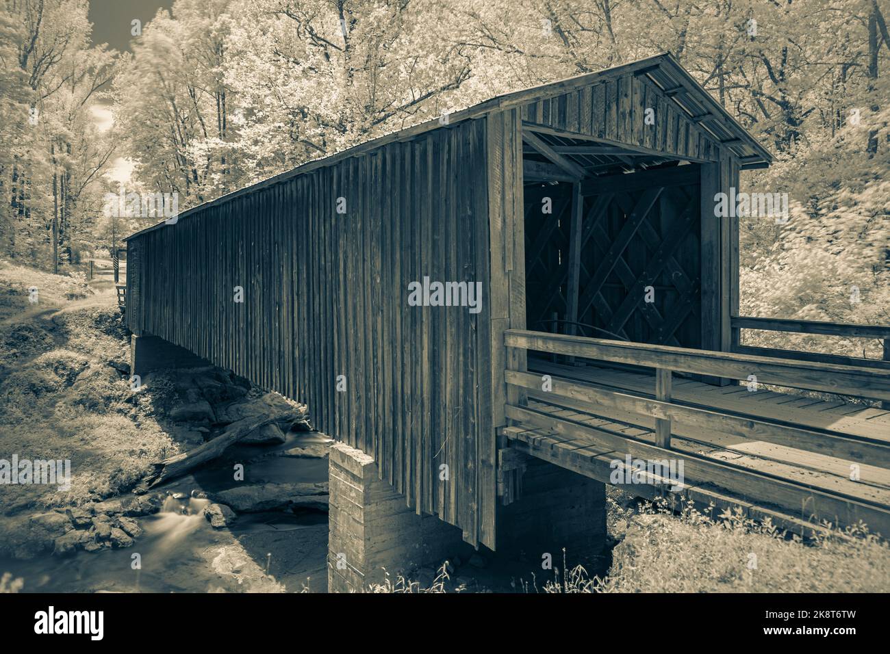 A covered wooden bridge in the forest Stock Photo - Alamy
