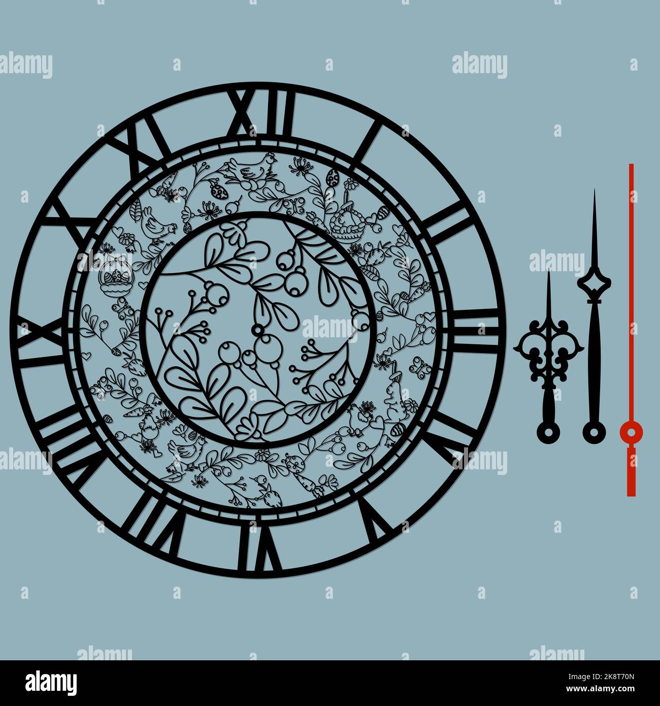 A beautiful clock with a beautiful illustration, laser-cut floral ...