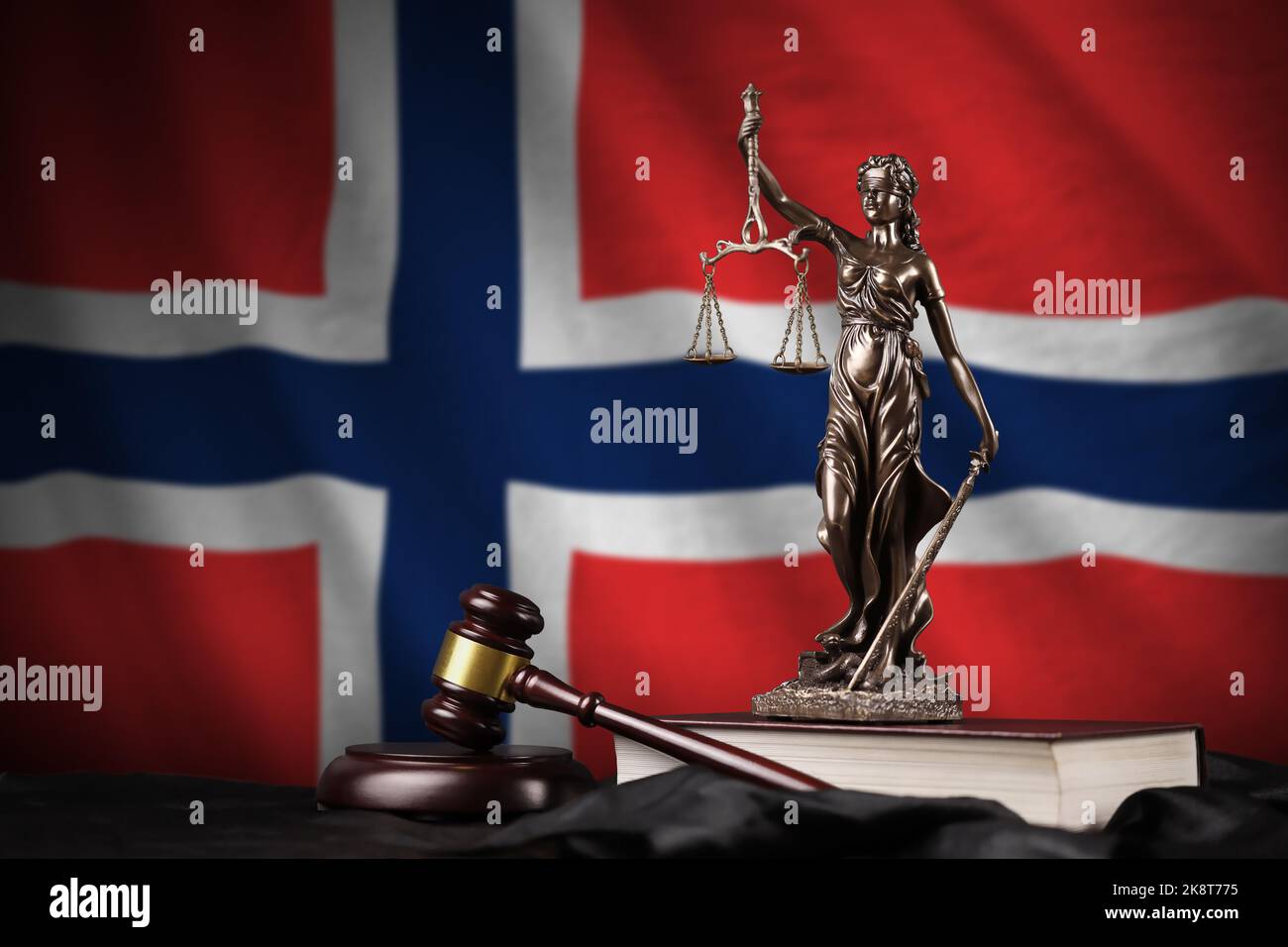Norway flag with statue of lady justice, constitution and judge hammer ...