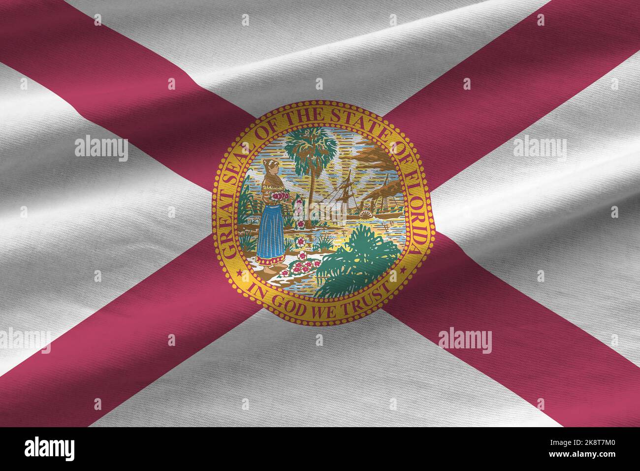 Florida US state flag with big folds waving close up under the studio ...