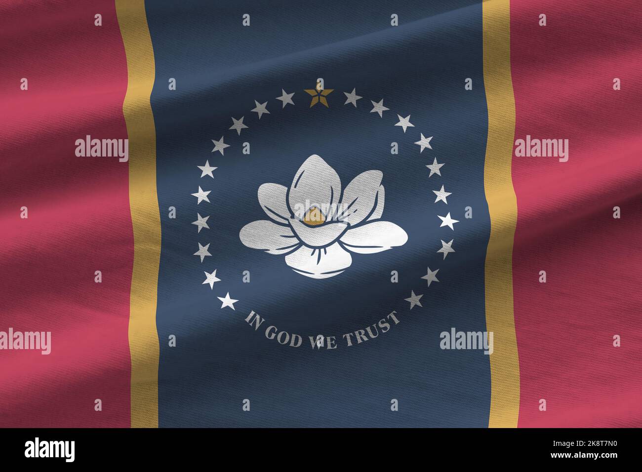 Mississippi new US state flag with big folds waving close up under the ...