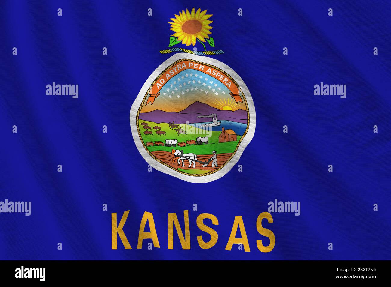 Kansas US state flag with big folds waving close up under the studio ...