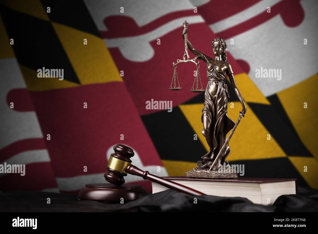 Maryland US state flag with statue of lady justice, constitution and ...