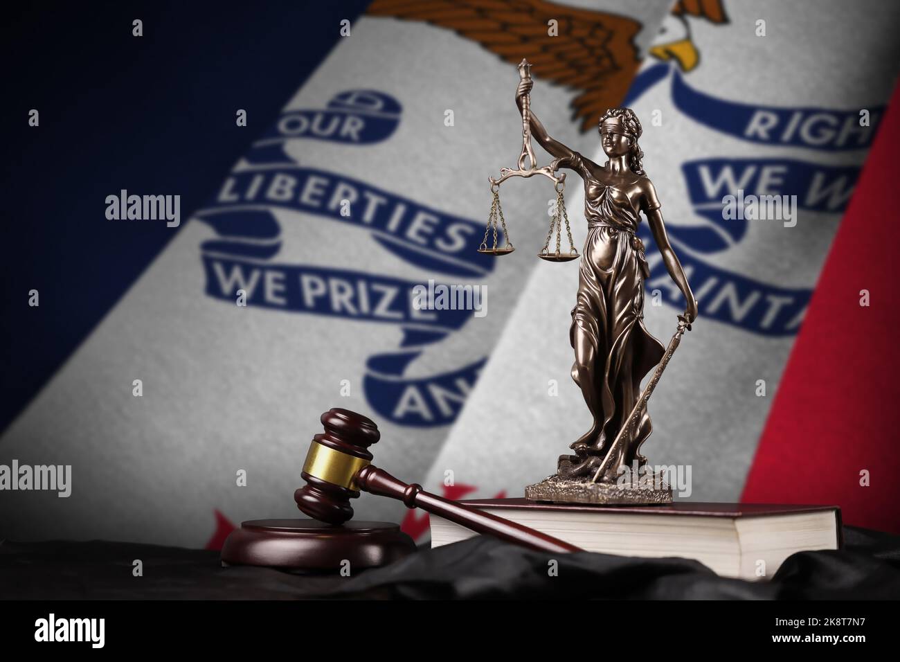 Iowa US state flag with statue of lady justice, constitution and judge ...