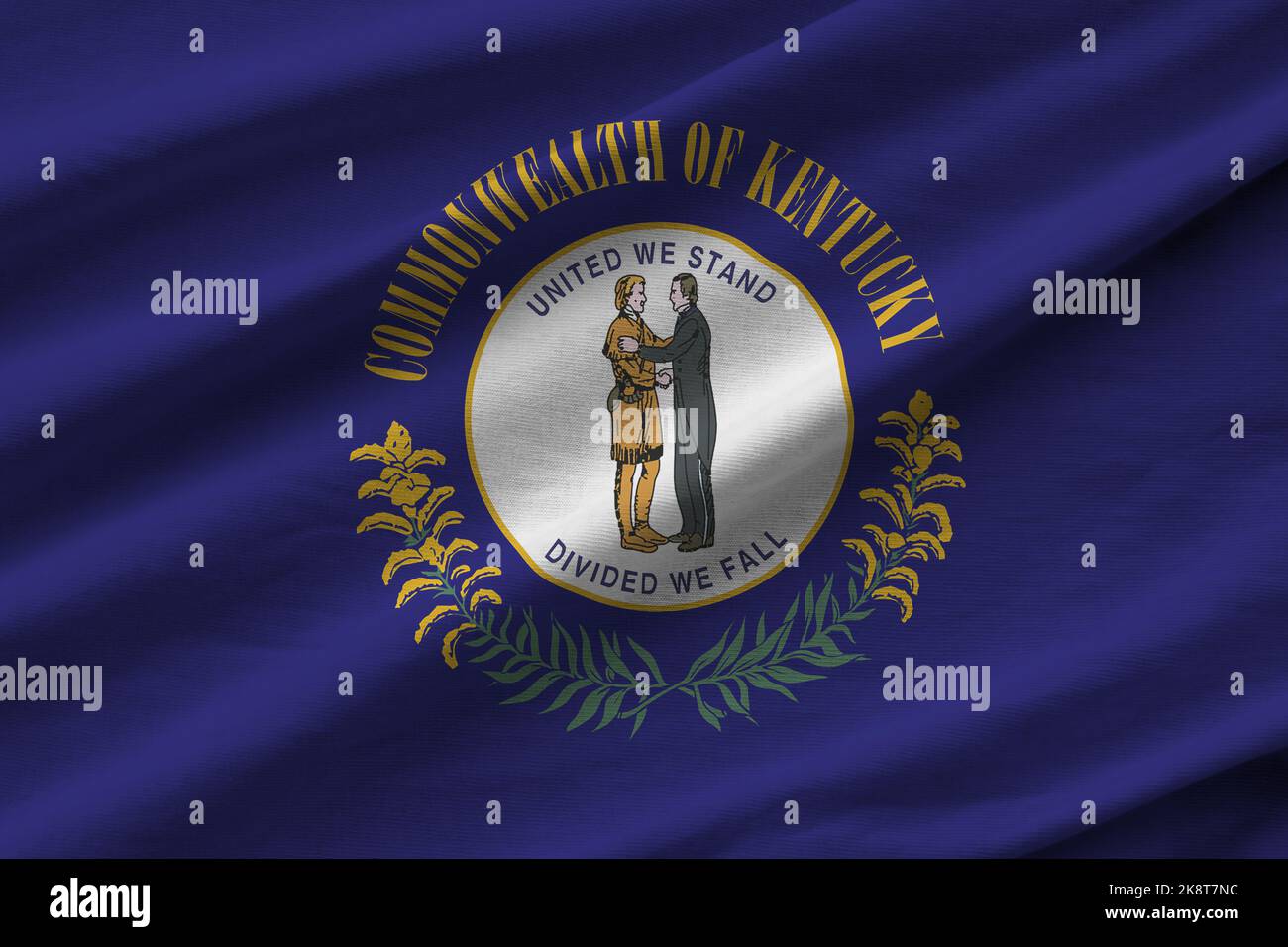 Kentucky US state flag with big folds waving close up under the studio ...