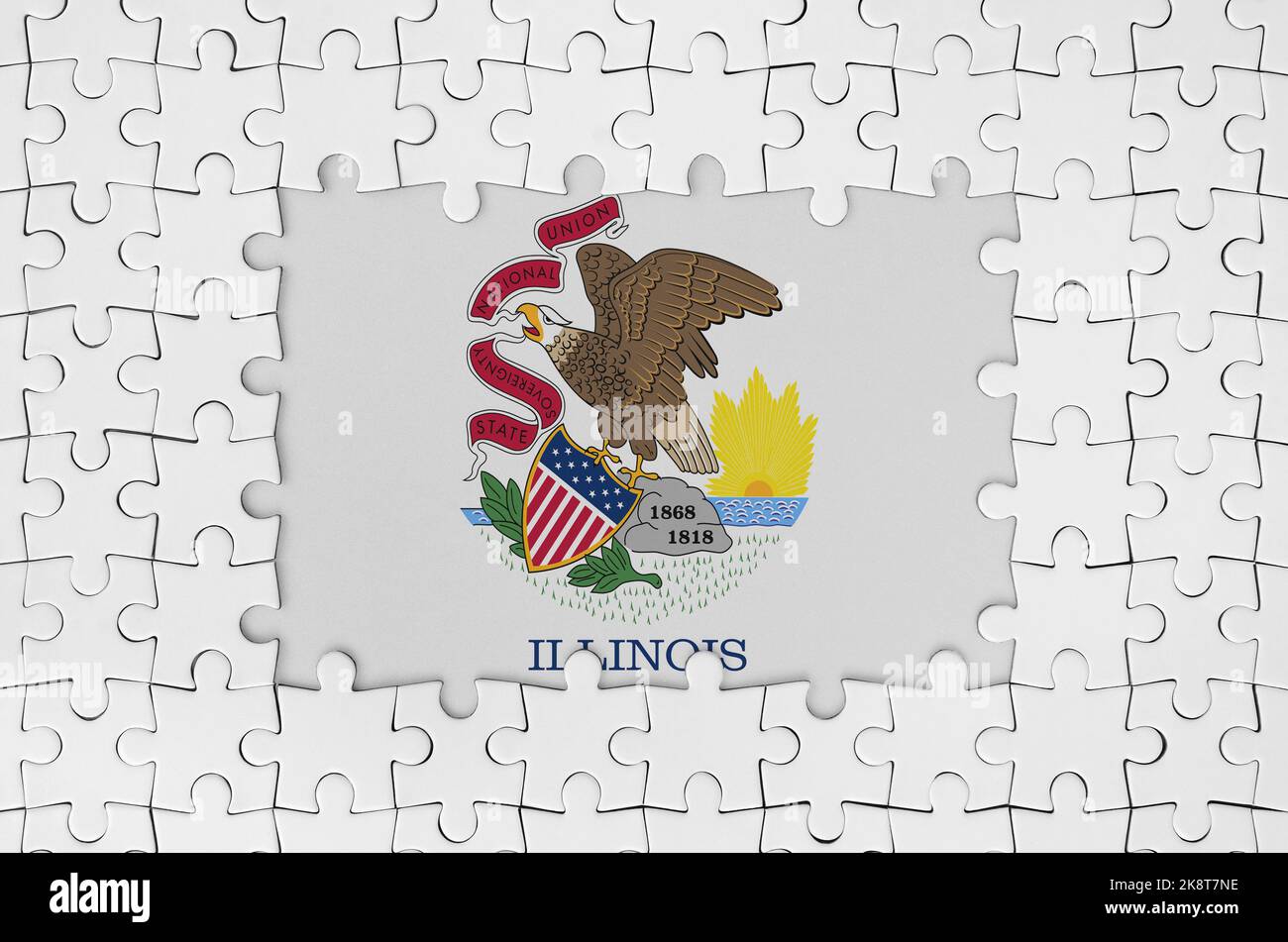 Illinois US state flag in frame of white puzzle pieces with missing ...