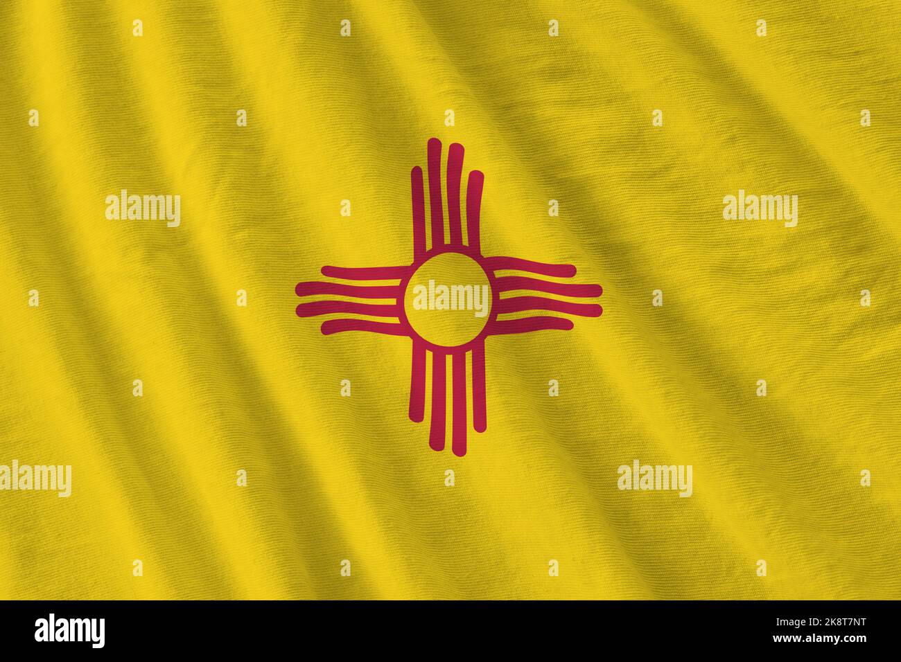 New Mexico US state flag with big folds waving close up under the ...