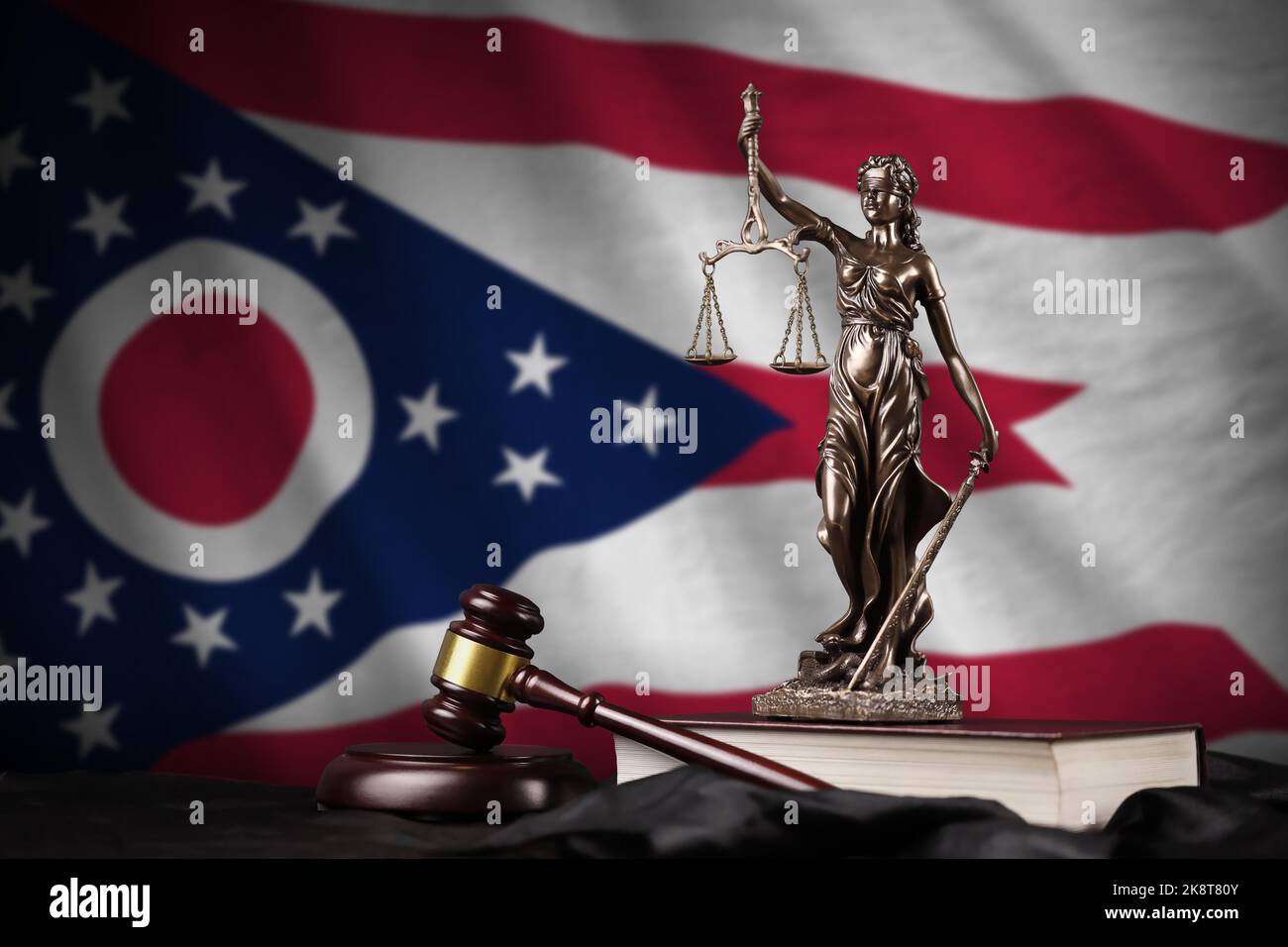 Ohio US state flag with statue of lady justice, constitution and judge ...