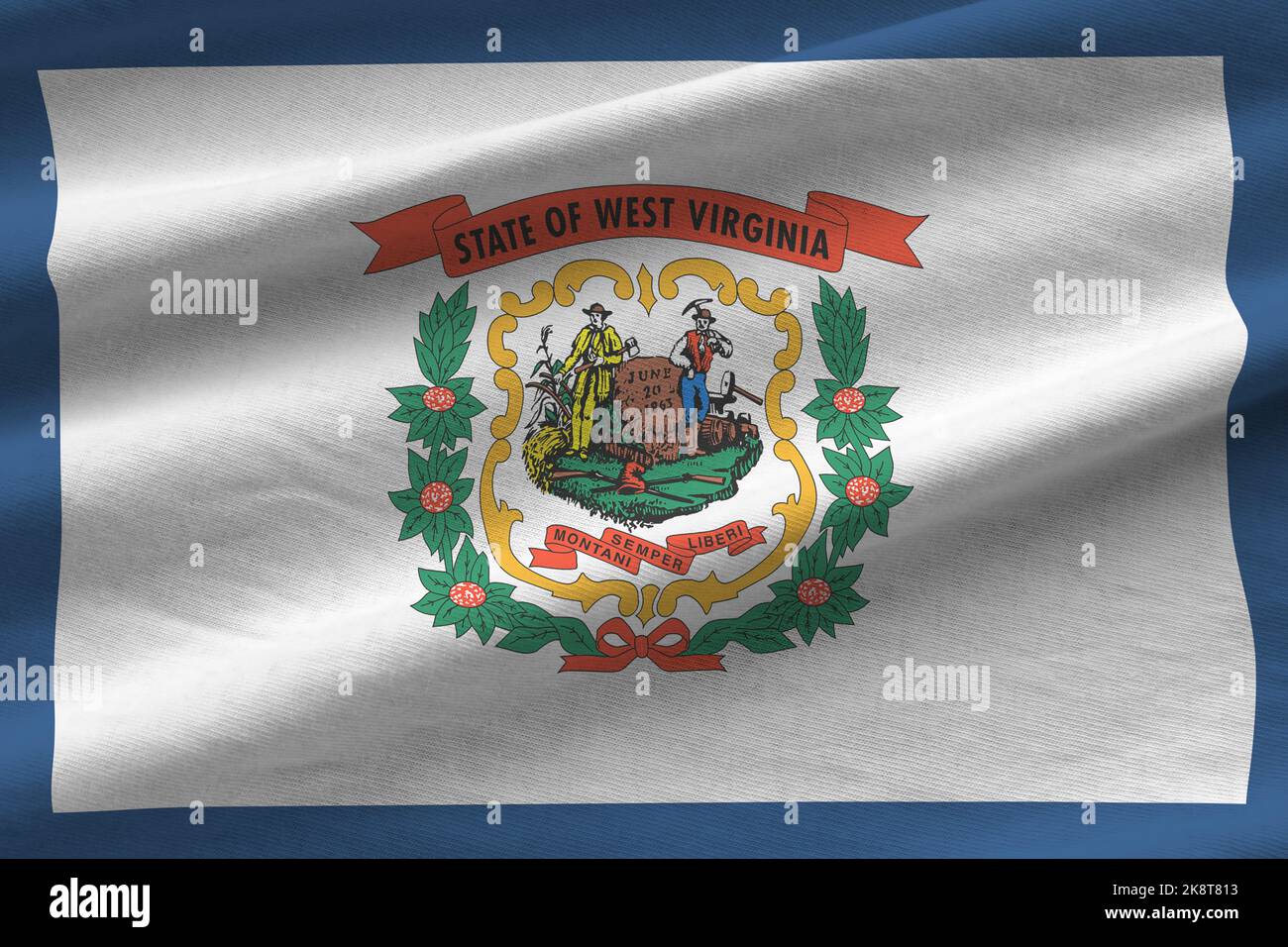 West Virginia US state flag with big folds waving close up under the ...