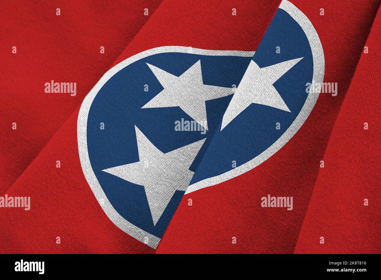 Tennessee US state flag with big folds waving close up under the studio ...