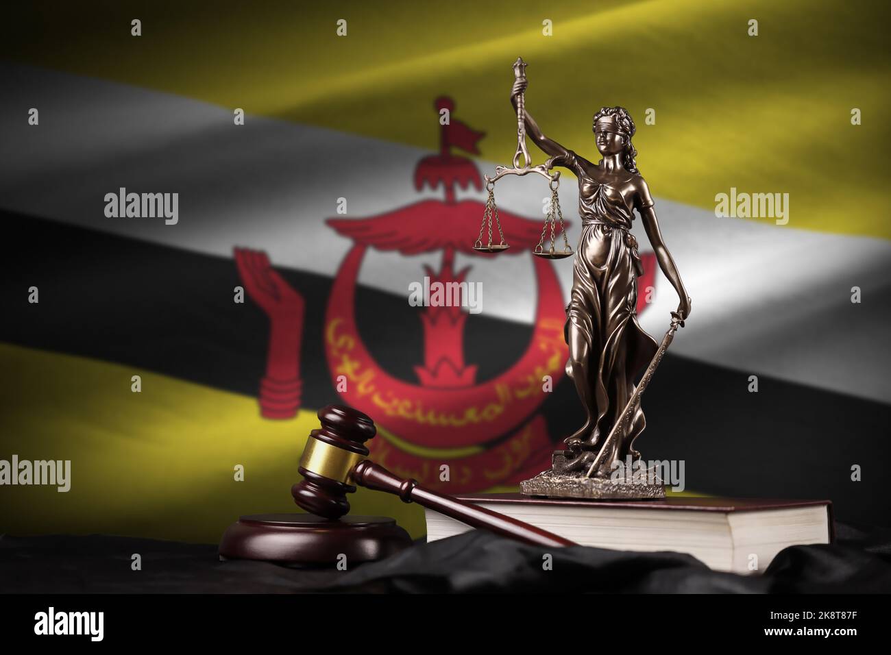 Brunei Darussalam flag with statue of lady justice, constitution and ...