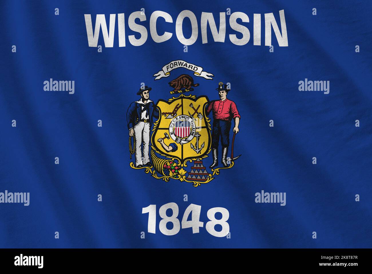 Wisconsin US state flag with big folds waving close up under the studio ...