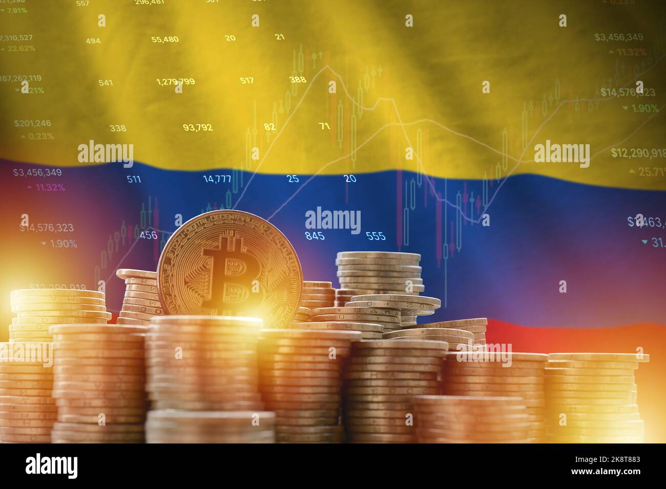 Colombia flag and big amount of golden bitcoin coins and trading ...