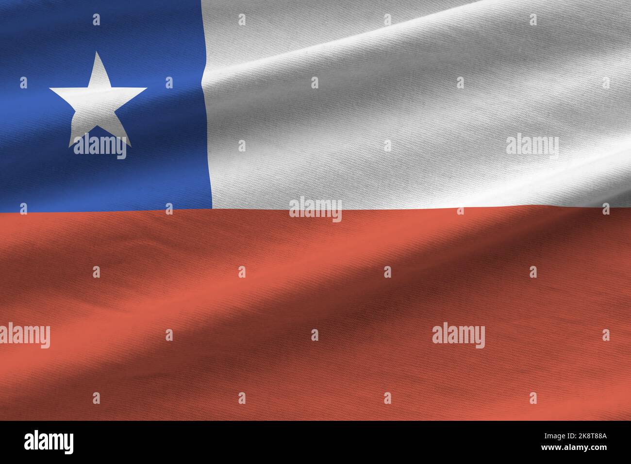 Chile flag with big folds waving close up under the studio light ...